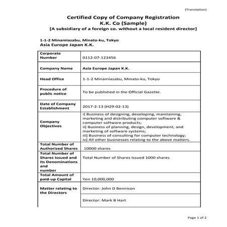 Japan Kabushiki-Kaisha [KK Co] (joint-stock corporations) Registration ...