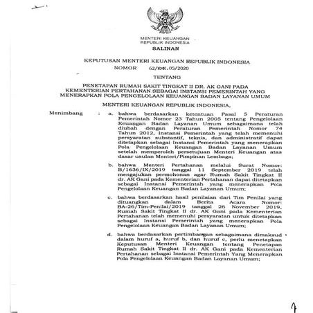 SK Menteri Keuangan No.62 th 2020 RS AK GANI Siap BLU | PDF