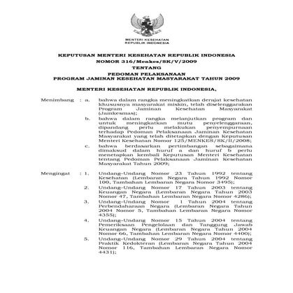 KMK No.316 Thn.2009 ttg Pedoman Pelaksanaan Jamkesmas | PDF