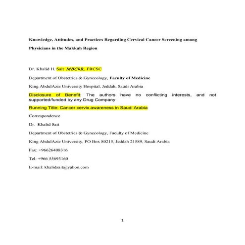 Knowledge, attitudes, and practices regarding cervical cancer screening among physicians in the ...