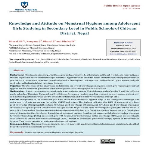 Knowledge and Attitude on Menstrual Hygiene among Adolescent Girls ...