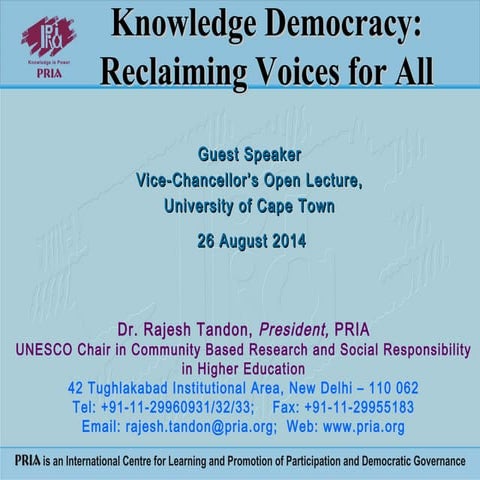 Knowledge Democracy Reclaiming Voices for All open lecture by Dr ...