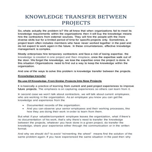KNOWLEDGE TRANSFER BETWEEN PROJECTS | DOCX