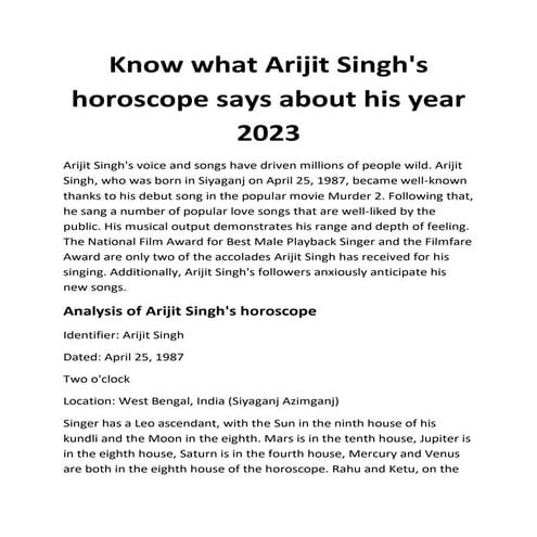 Know what Arijit Singh's horoscope says about his year 2023 | PDF