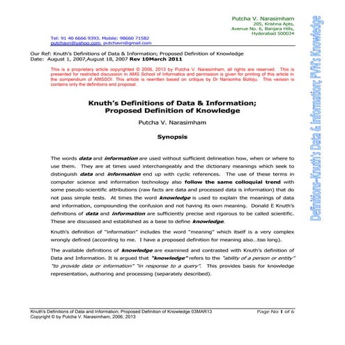 Knuth's Definitions of Data and Information; Proposed Definition of KNOWLEDGE | PDF | Internet ...