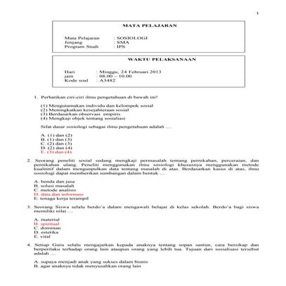 Kunci Prediksi Soal UN Sosiologi Kode A Tahun 2013 | DOCX