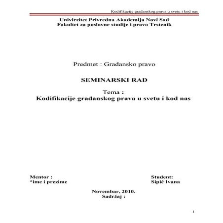 Kodifikacije gradjanskog prava u svetu i kod nas | DOC