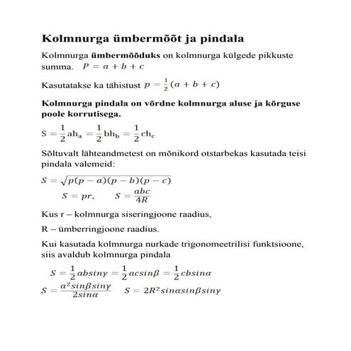 Kolmnurga ümbermõõt ja pindala | PDF