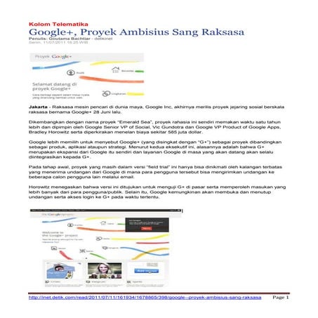 Kolom Telematika DetikINET - Google+, Proyek Ambisius Sang Raksasa | PDF