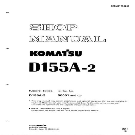 Komatsu D155A-2 Dozer Bulldozer Service Repair Manual SN 50001 and up.pdf