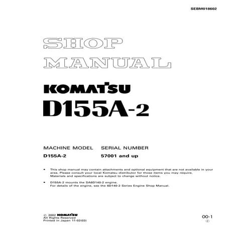 Komatsu d155 a 2 dozer bulldozer service repair manual sn 57001 and up | PDF