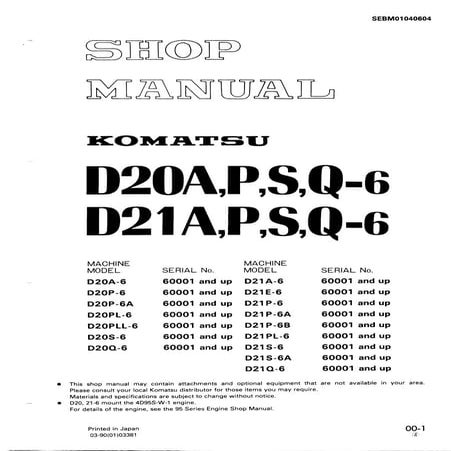 Komatsu D20P-6A Dozer Bulldozer Service Repair Manual SN 60001 and up.pdf