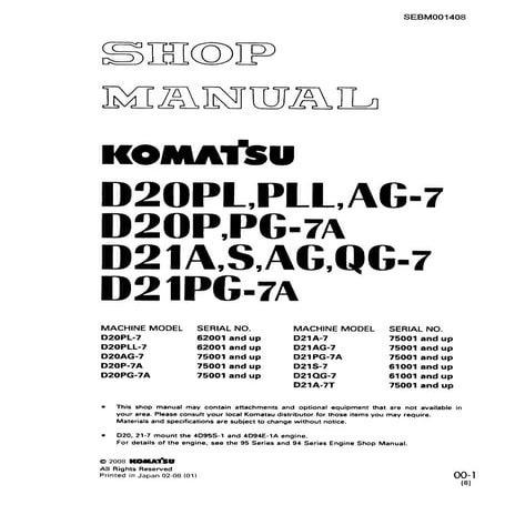 Komatsu D20P-7A Dozer Bulldozer Service Repair Manual SN 75001 and up.pdf