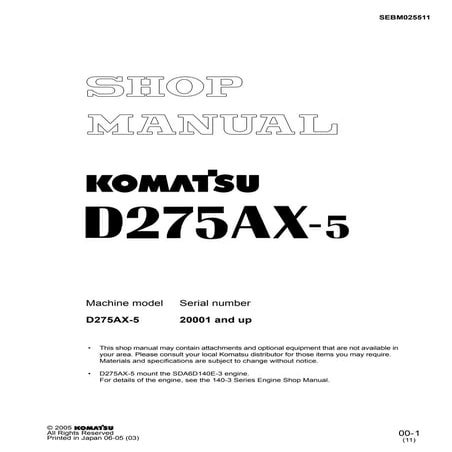 Komatsu d275 ax 5 dozer bulldozer service repair manual sn 20001 and up ...