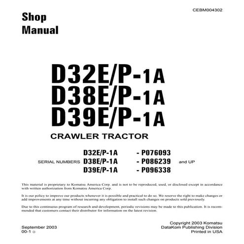 Komatsu d39 e 1a dozer bulldozer service repair manual sn p096338 and ...