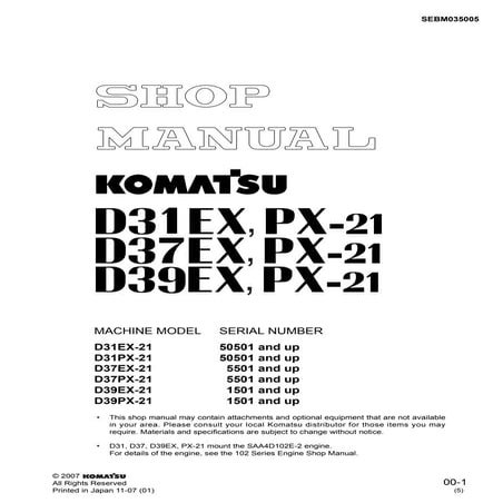 Komatsu d39 ex 21 bulldozer service repair manual sn 1501 and up | PDF