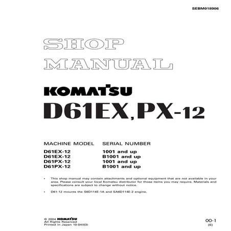 Komatsu d61 px 12 dozer bulldozer service repair manual sn b16001 and up | PDF