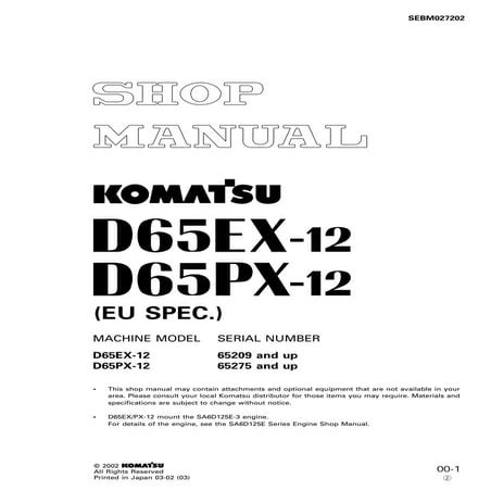 Komatsu d65 px 12 dozer bulldozer service repair manual sn 65275 and up ...