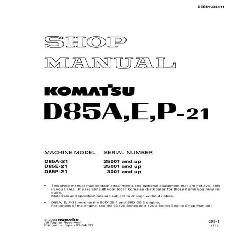Komatsu D85A-21 Dozer Bulldozer Service Repair Manual SN 35001 and up.pdf