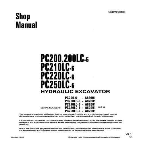 Komatsu pc250 lc 6 hydraulic excavator service repair manual (a82001 ...