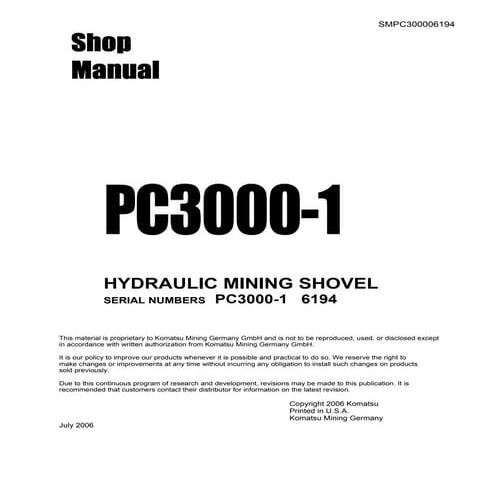 Komatsu pc3000 1 hydraulic mining shovel service repair manual (sn 6194 ...