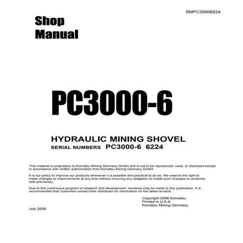 Komatsu PC3000-6 Hydraulic Mining Shovel Service Repair Manual (SN 6224 ...