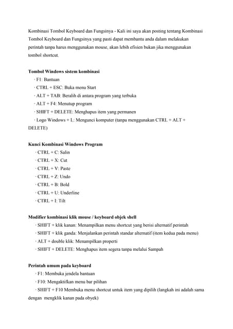 Fungsi Tombol Tombol Keyboard Komputer Lengkap | DOCX