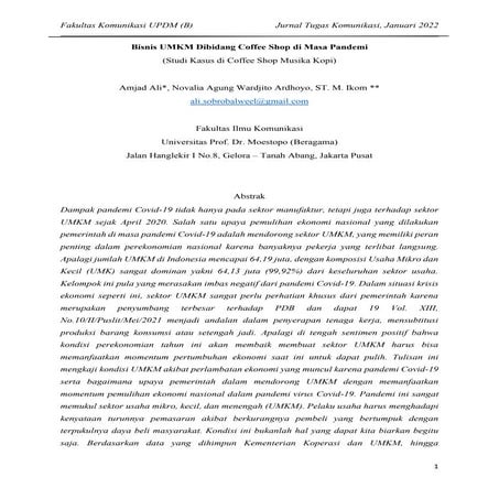 Bisnis UMKM Dibidang Coffee Shop di Masa Pandemi | PDF