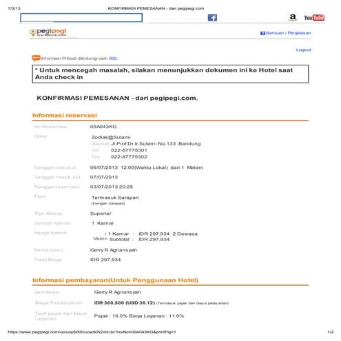 Konfirmasi pemesanan dari pegipegi | PDF