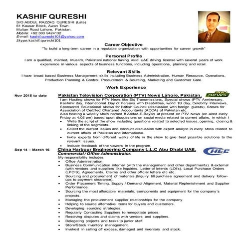 CV / Personal Profile/ Kashif Qureshi | DOCX
