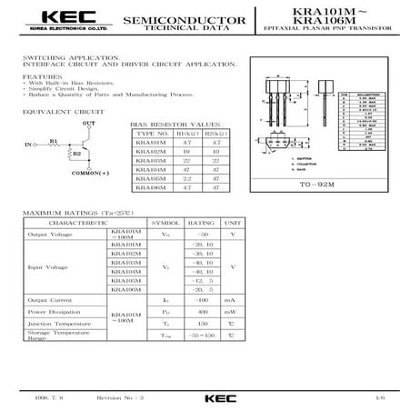 Original PNP Transistor KRA102 KRA102M A102 102 TO-92 New KEC | PDF