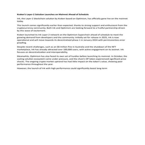 Kraken’s Layer-2 Solution Launches on Mainnet Ahead of Schedule | PDF