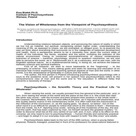 The Vision of Wholeness from the Viewpoint of Psychosynthesis | DOC