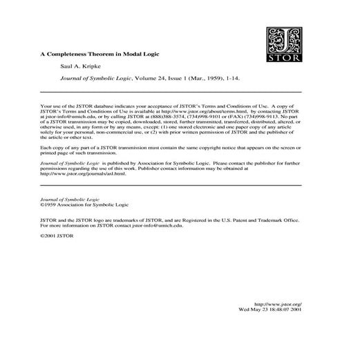 Kripke s. a completeness theorem in modal logic | PDF | Physics | Science