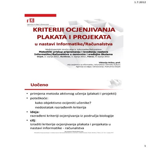 Kriteriji ocjenjivanja plakata i projekata v1 | PDF