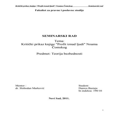 Kriticki prikaz knjige profit iznad ljudi noama comskog | DOC