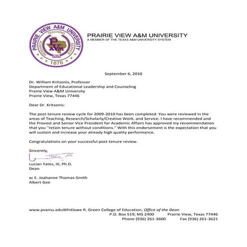Dr. Kritsonis earned successful Post-Tenure Review, PVAMU/The Texas A&M ...