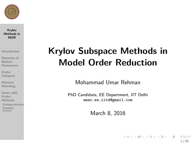 Krylov Subspace Methods In Model Order Reduction Ppt