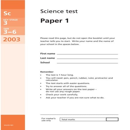 Ks3 science 2003 t3 6 paper 1 | PDF