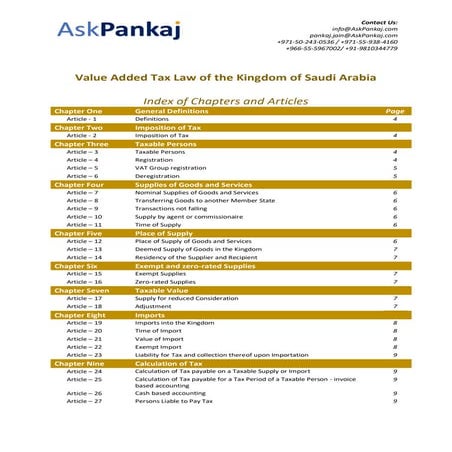 Kingdom of Saudi Arabia (KSA) Value Added Tax (VAT) Law (with Index) | PDF