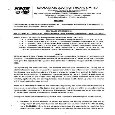Kseb electric connection load regularising order Last date for giving self declaration about the ...