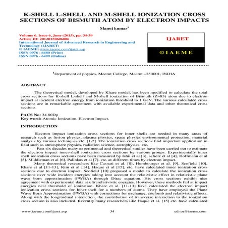 K-SHELL L-SHELL AND M-SHELL IONIZATION CROSS SECTIONS OF BISMUTH ATOM BY ELECTRON IMPACTS | PDF