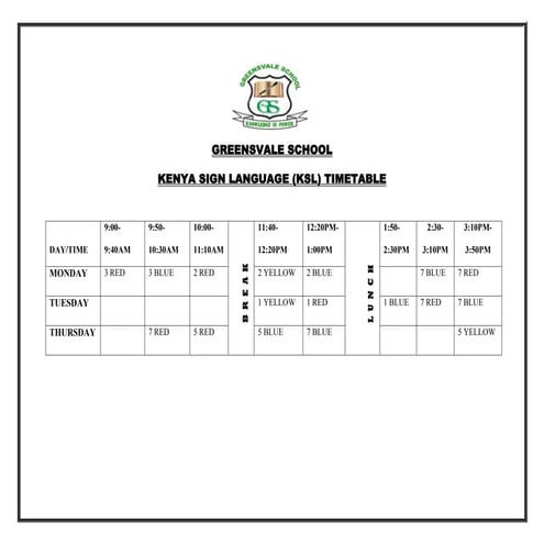 KSL timetable for learners below 15 years | DOCX