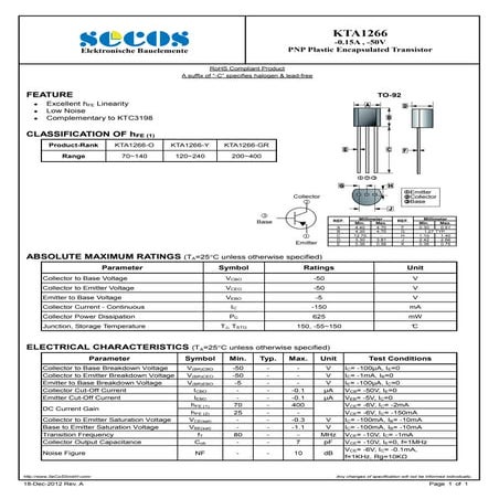 Original Transistor PNP KTA1266-Y A1266 1266 TO-92 New | PDF