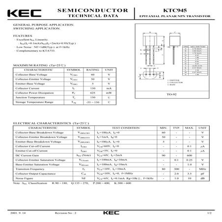 Original transistor NPN KTC945-P-AT C945 2SC945 945 TO 92 New | PDF