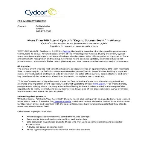 More Than 700 Attend Cydcor’s “Keys to Success Event” in Atlanta | PDF