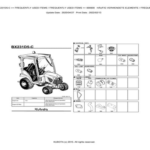 Kubota BX231D5-C Tractor Parts Catalogue Manual (Publishing ID ...