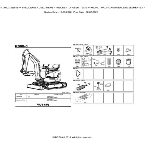 Kubota K008-3 Excavator Parts Catalogue Manual (Publishing ID BKIDA0173 ...