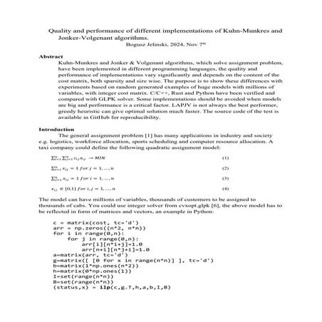 Quality and performance of different implementations of Kuhn-Munkres and Jonker-Volgenant ...