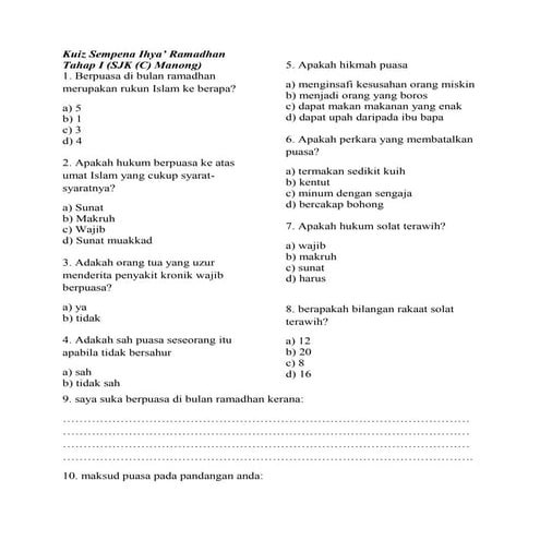Kuiz sempena ihya tahap 1 | DOCX